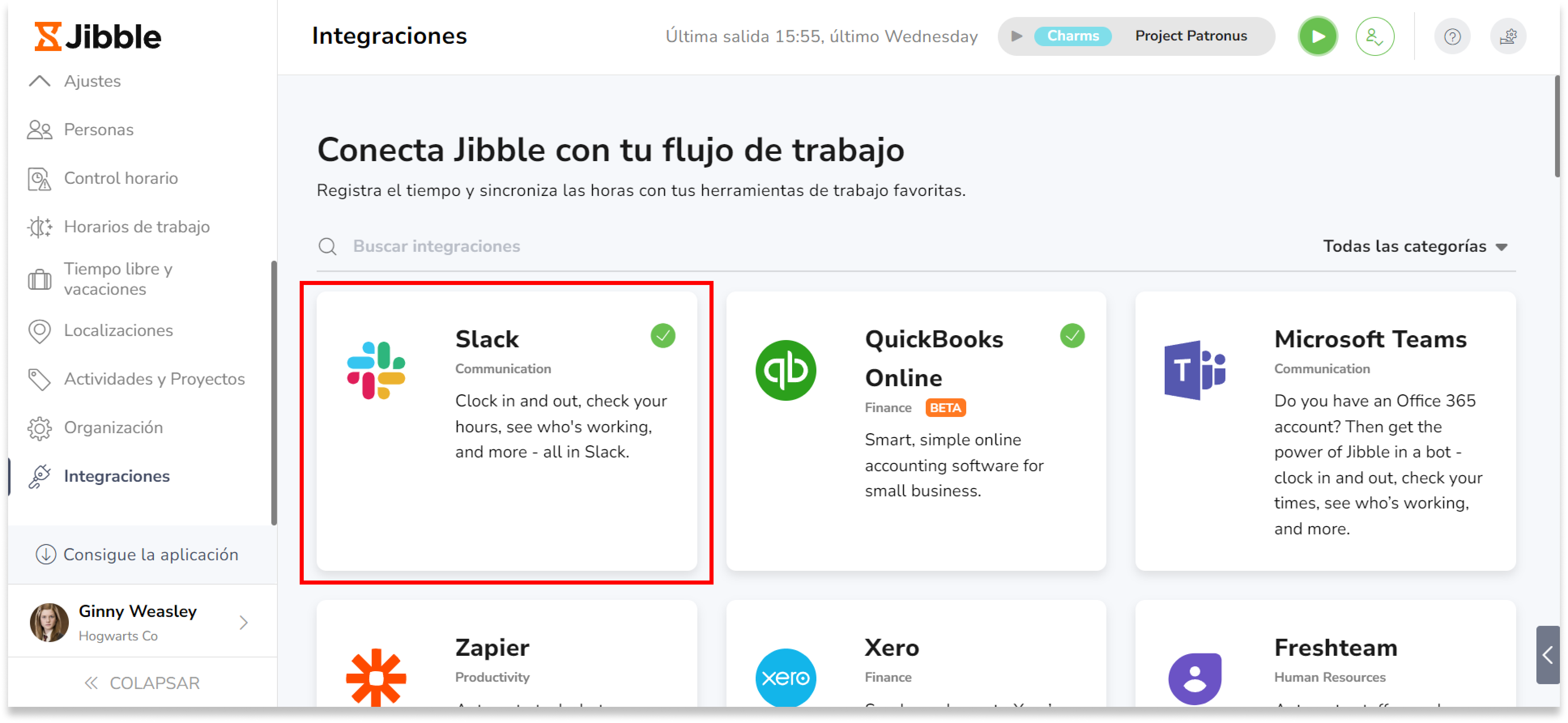 Usar el bot de Slack para fichar