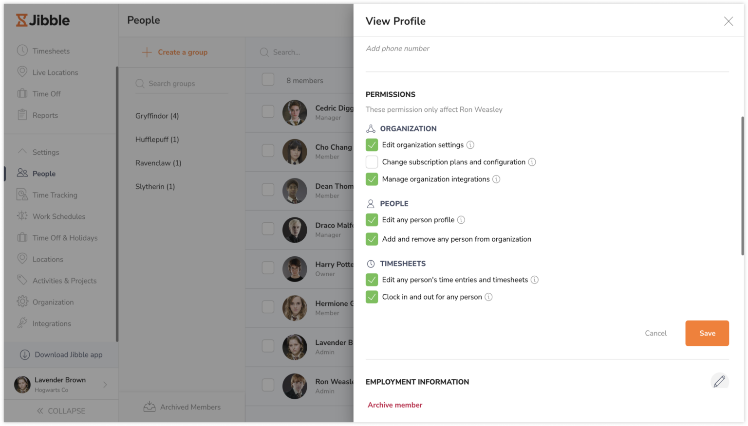 Roles and permissions in Jibble