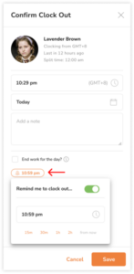 Set reminders & automatic clock out