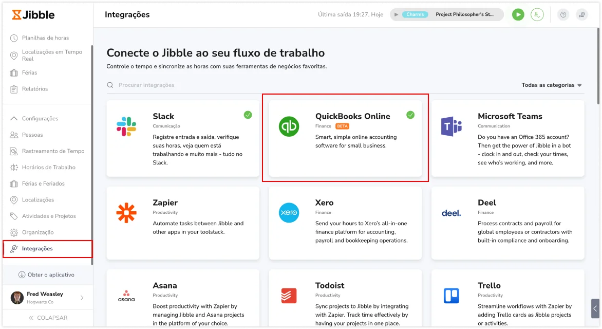 Conectar o QuickBooks Online com o Jibble