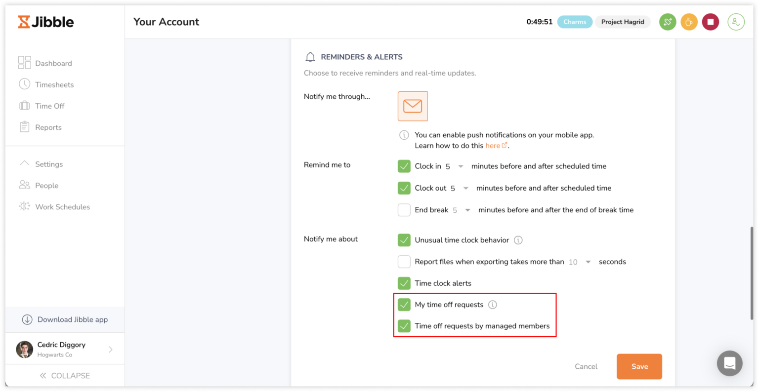 Enabling time off notifications