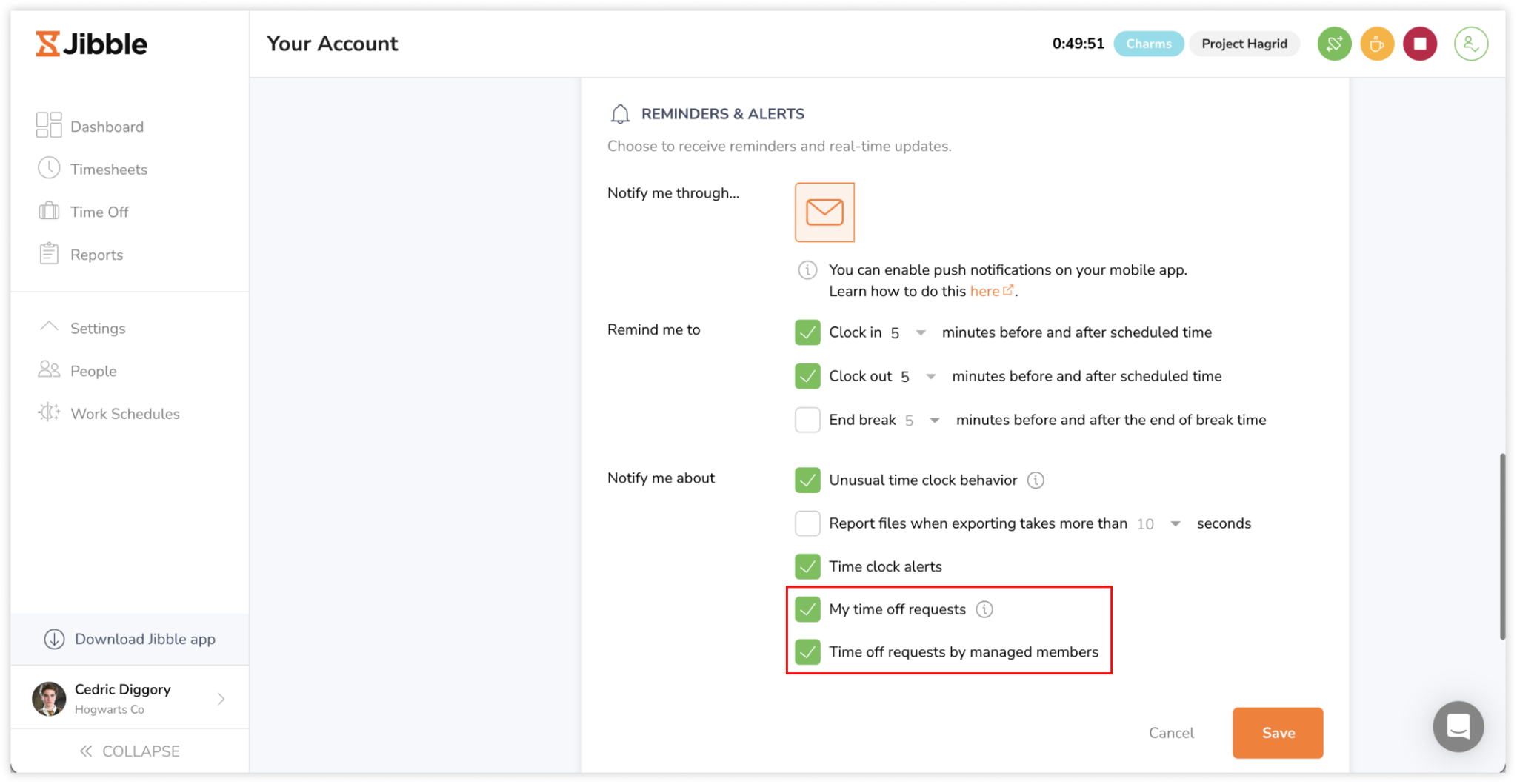 Enabling time off notifications