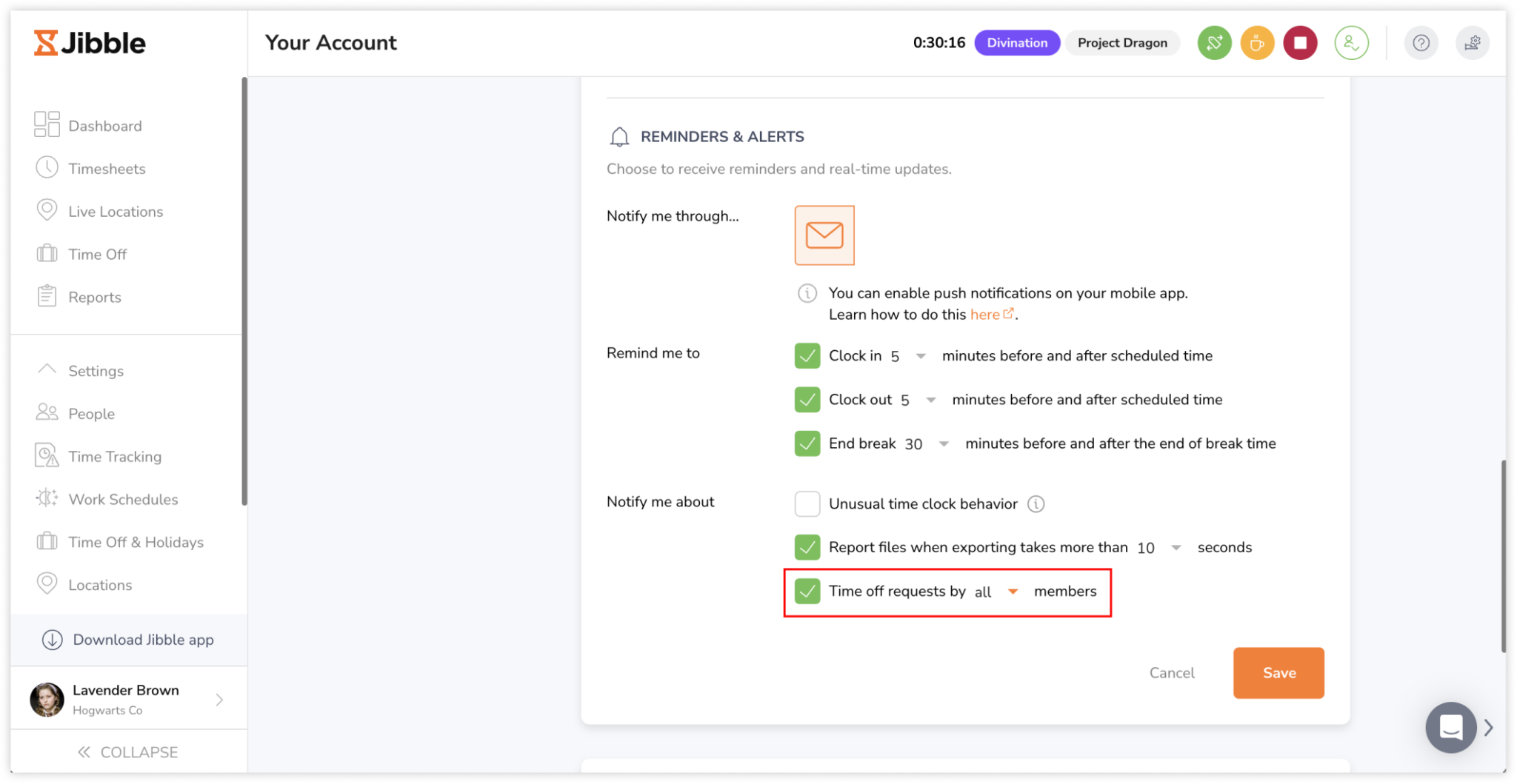 Enabling time off notifications