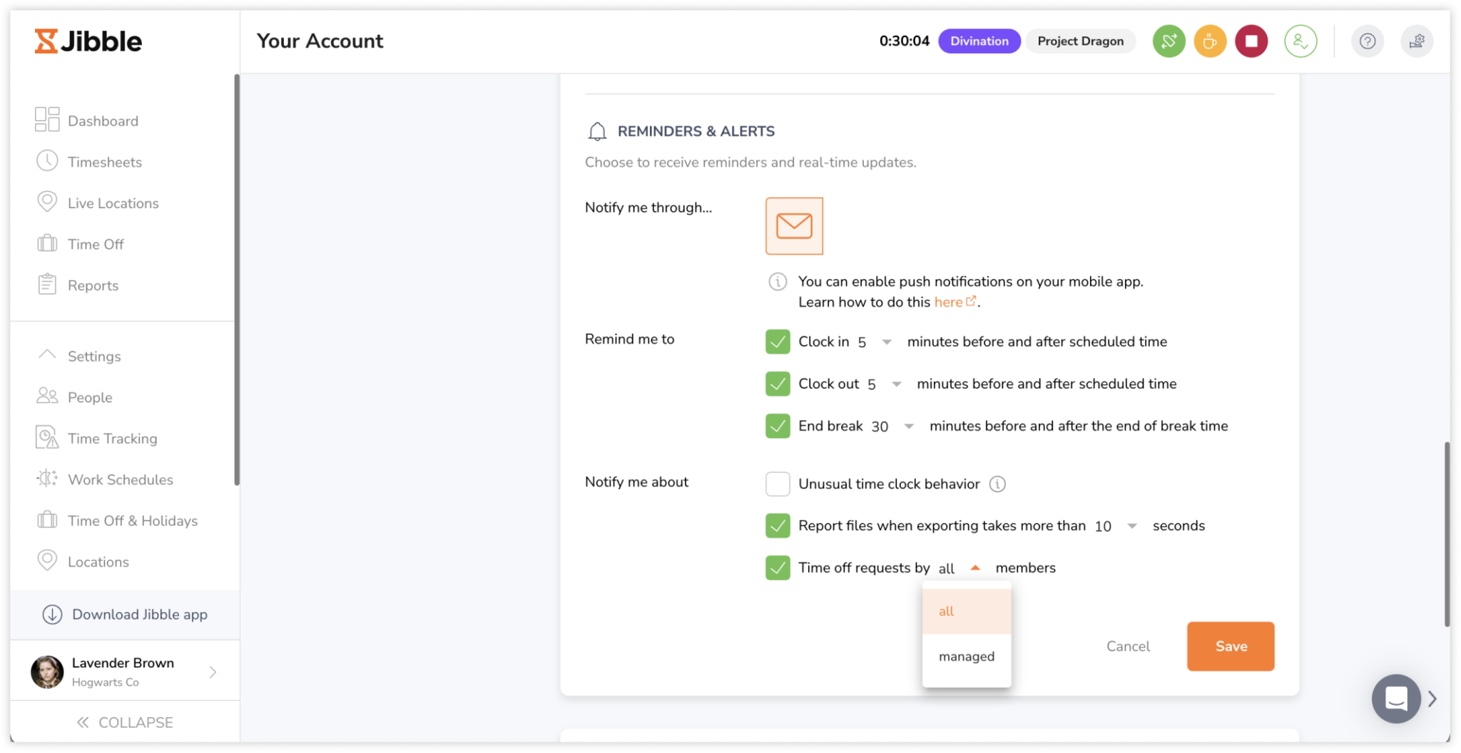 Enabling time off notifications