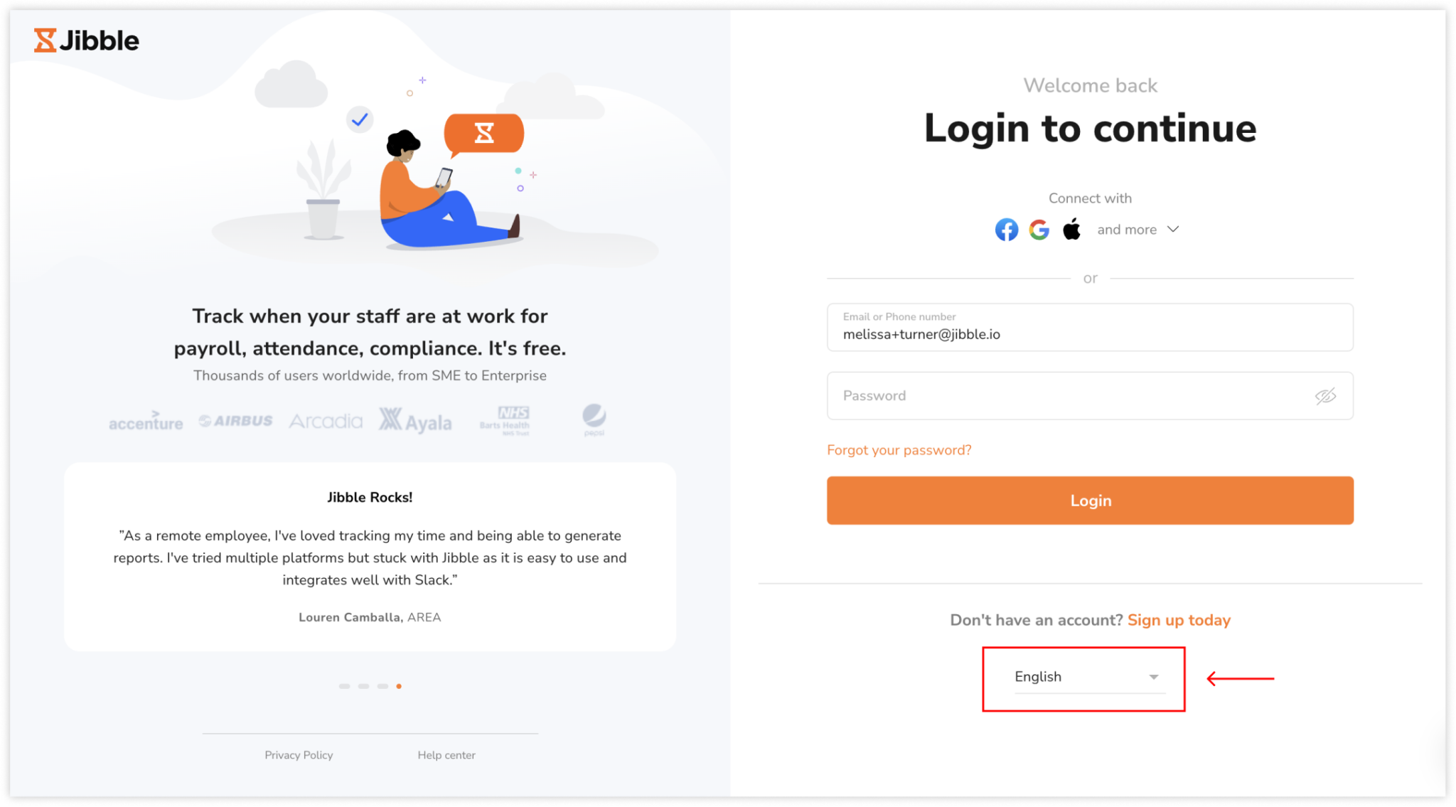 Configuring language settings on Jibble’s web app