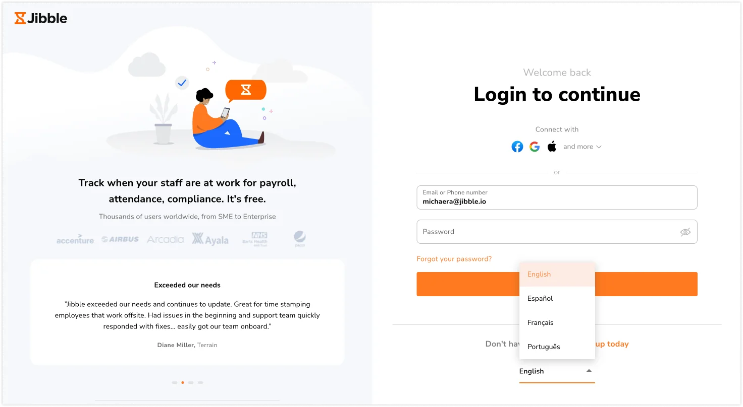 Personalizando configurações de idioma no app web do Jibble