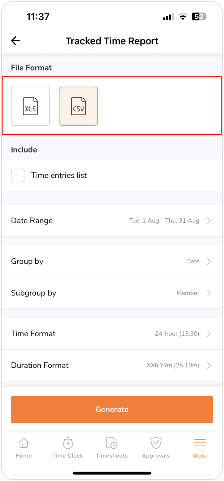 How do I export reports via the mobile app?