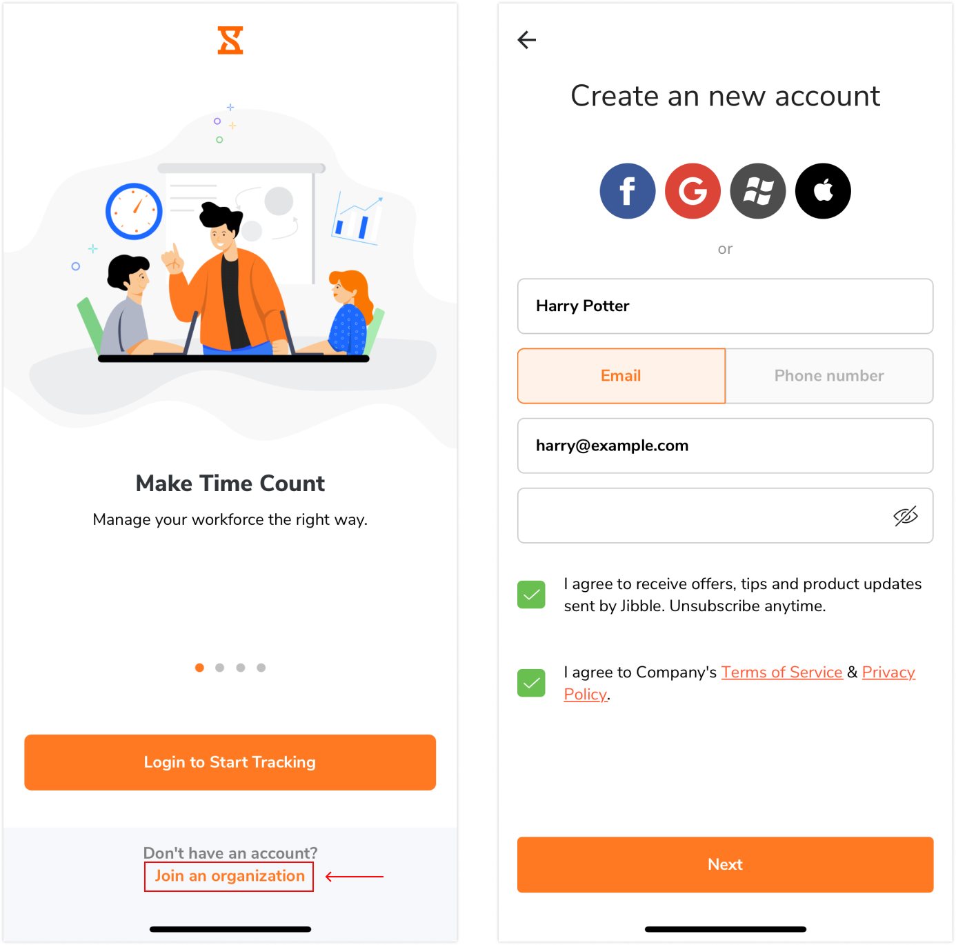 Entrar em sua organização com o aplicativo móvel do Jibble