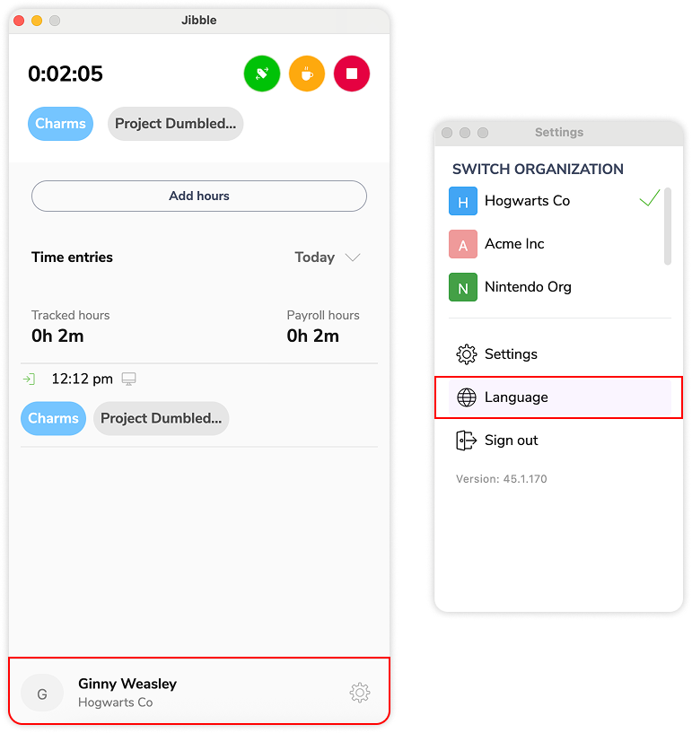 Configuring language settings on Jibble’s desktop app