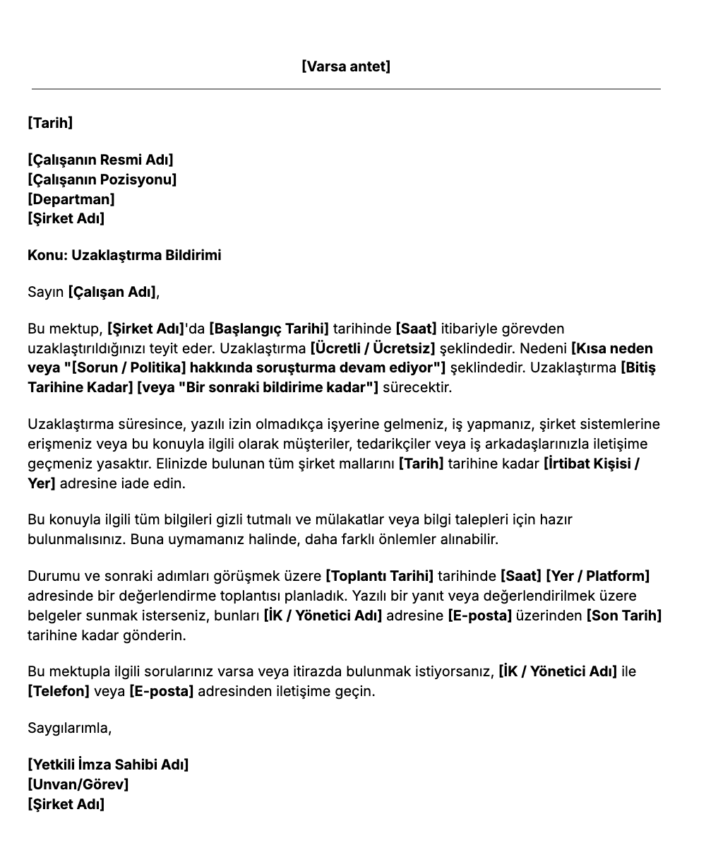 Ücretsiz Uzaklaştırma Bildirimi Şablonu | 2025