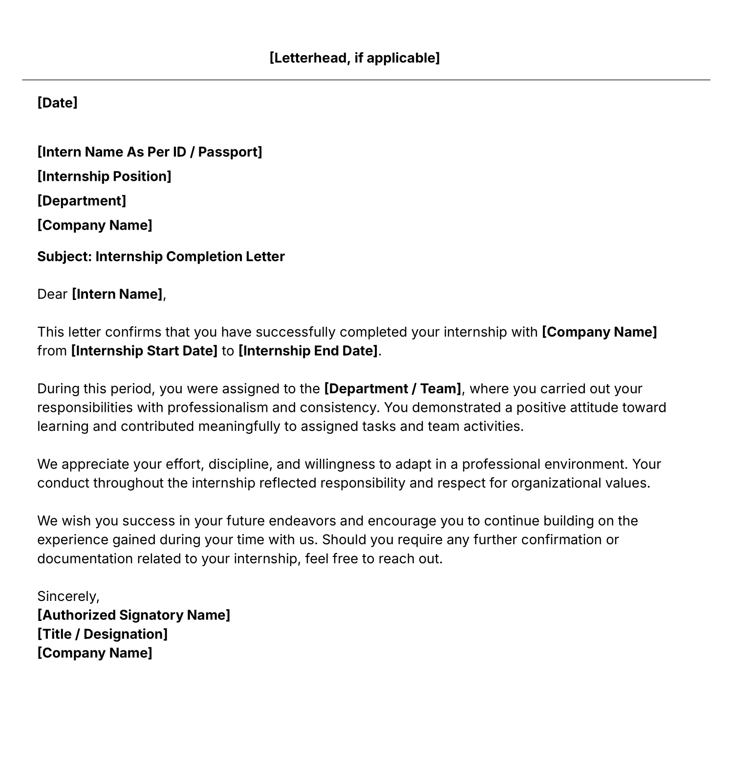 Free Internship Completion Letter Template | 2026